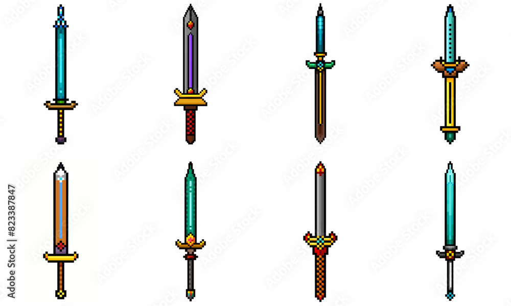 Pixel art weapon sword craft set. Retro rpg style swords isolated ...