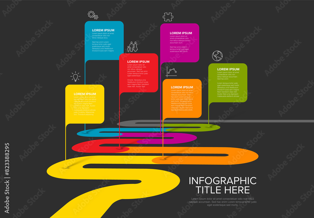 Infographic dark timeline template with square bubbles with texts on ...