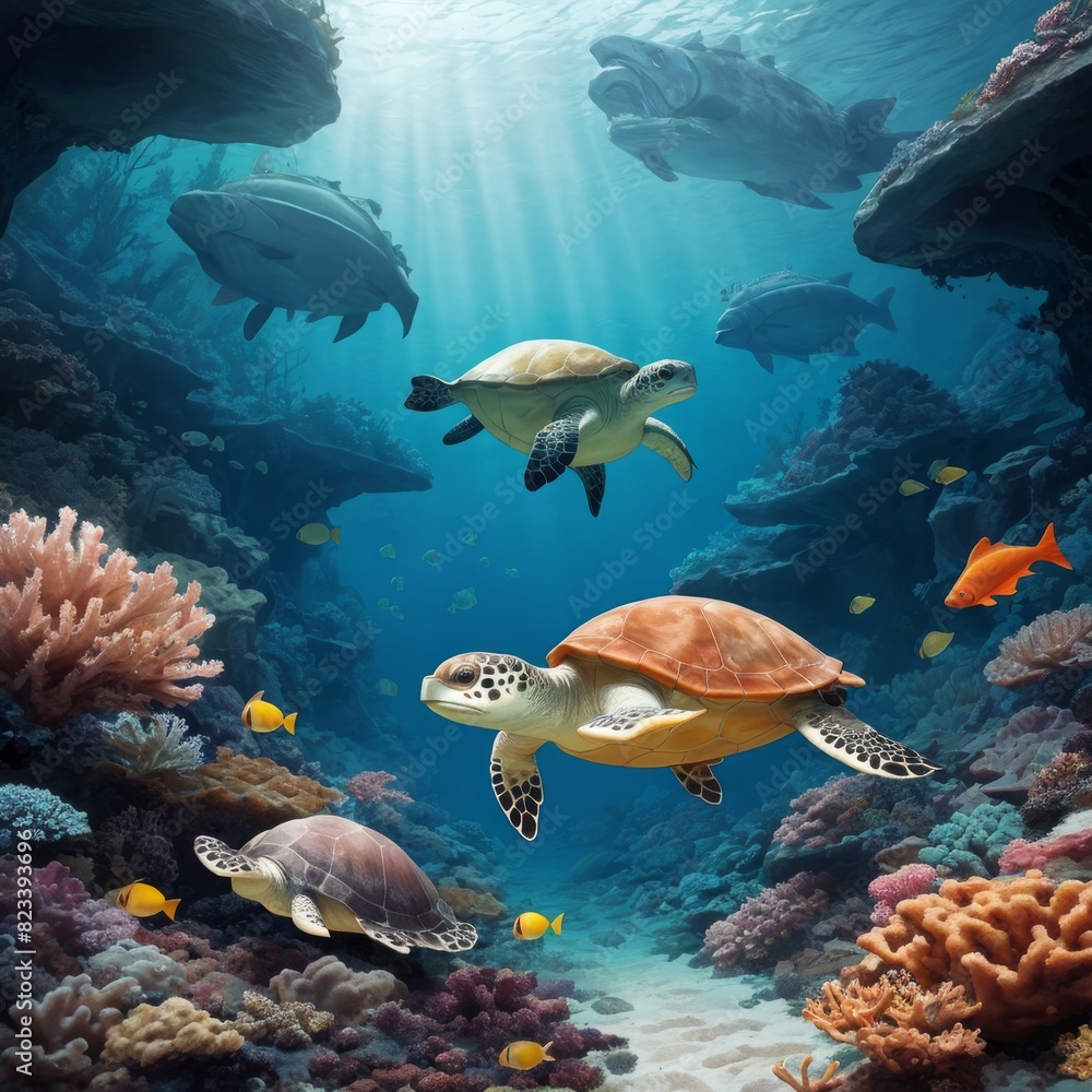 Three sea turtles glide through vibrant coral reefs, surrounded by ...