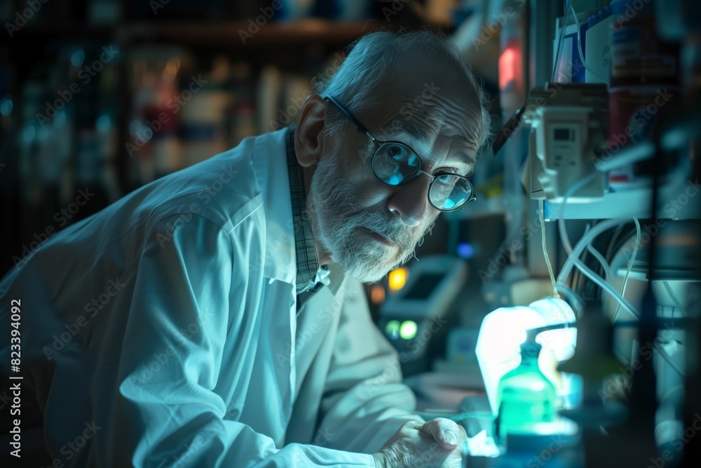 Elderly scientist in a dimly lit laboratory, focused on research and ...