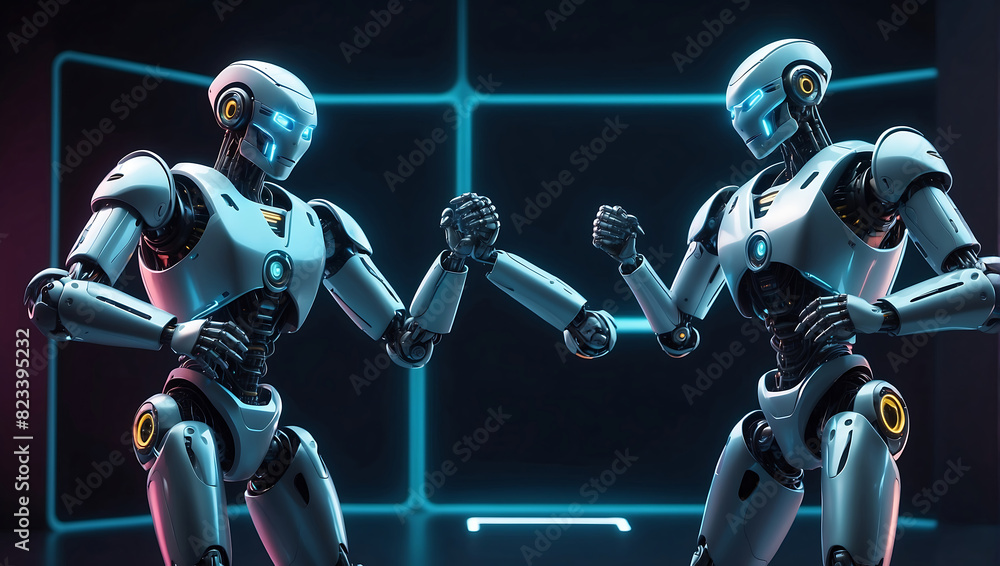 Futuristic humanoid robots engage in a dynamic pose against a dark ...