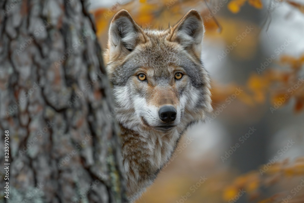 Digital artwork of wolf is standing in the woods behind a tree, high ...