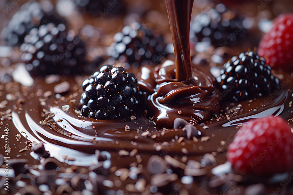 Melted Chocolate Pouring Over Chocolate. Close-up of rich melted ...