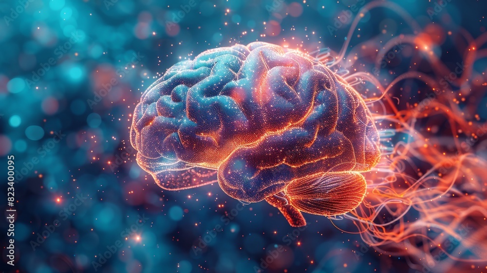 Human brain on blue neon background . An organ of anatomy, neurology ...