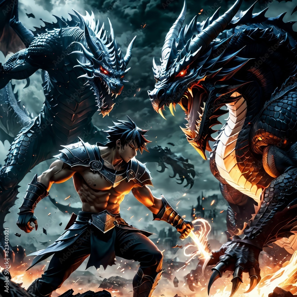 Dramatic digital artwork of a heroic warrior engaged in a fierce battle ...