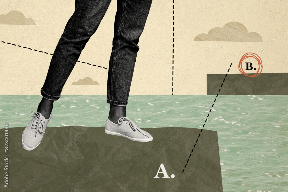 Composite photo collage of human legs choose dotted line path water ...