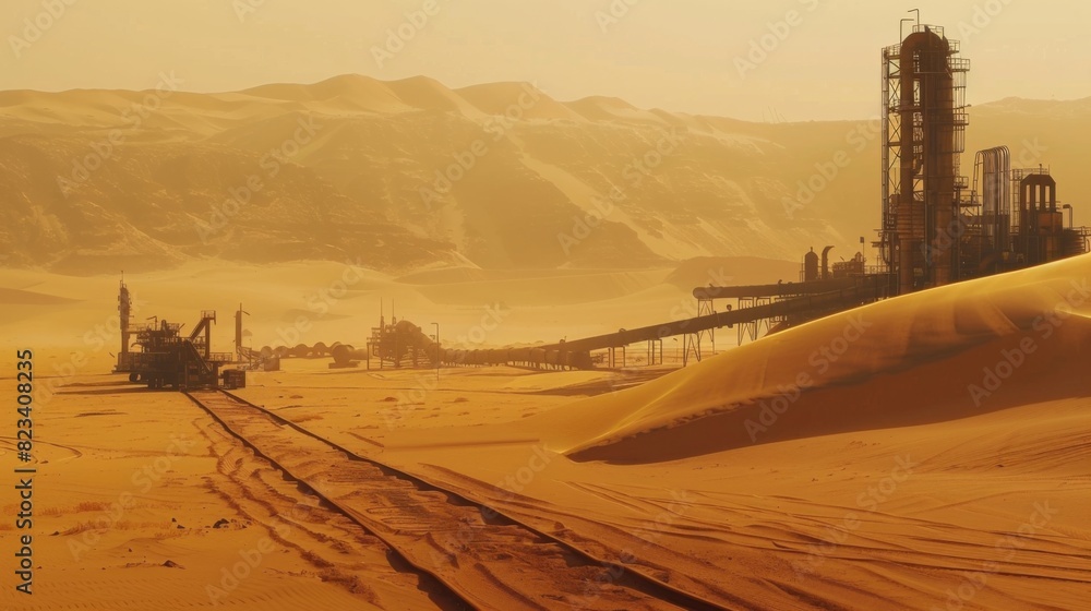 A large oil field with numerous drilling rigs and pipelines in ...