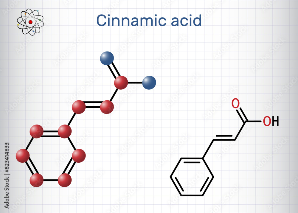 Cinnamic acid molecule. Structural chemical formula, molecule model ...