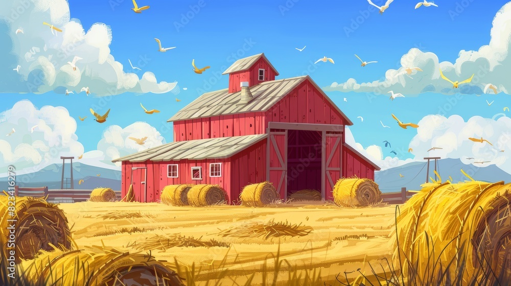 An illustration of a cartoon barn featuring straw bales and hay piles ...
