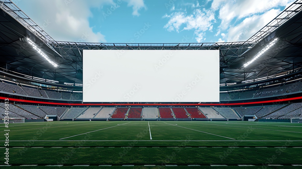 A blank, white, mock up advertisement billboard in a football stadium ...