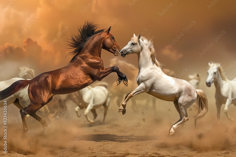Two horses rearing up and fighting in the middle of an open field ...