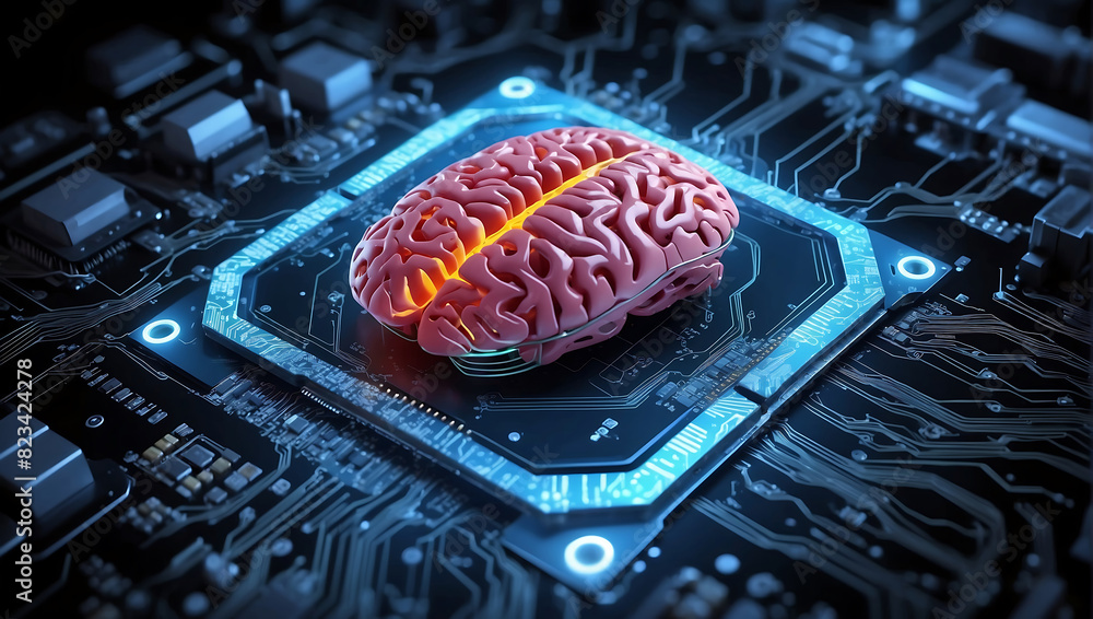 A human brain with highlighted neural pathways placed inside a glowing ...