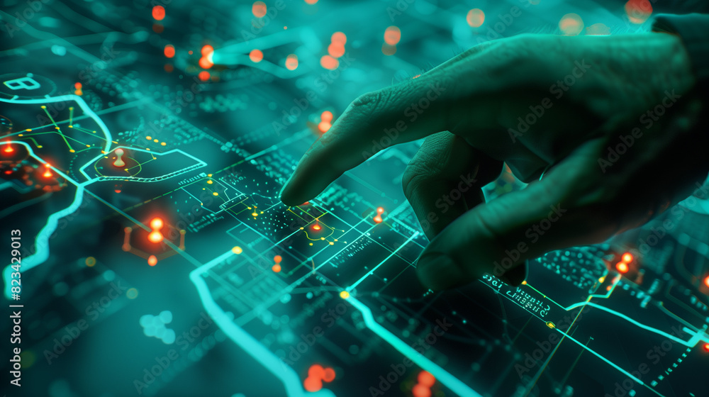 Futuristic Digital Map Interface with Hand Pointing at Data Points ...