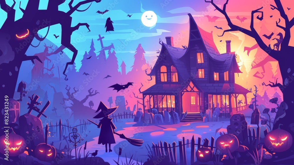 In this illustration with wizard hut and wicked young girl in dress ...