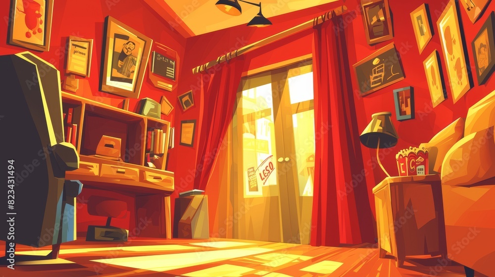 Cartoon theatre hall door with popcorn box and kid play. Indoor ...