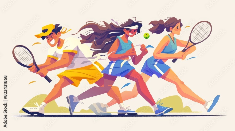 Modern cartoon illustration of an african woman running with a racket ...