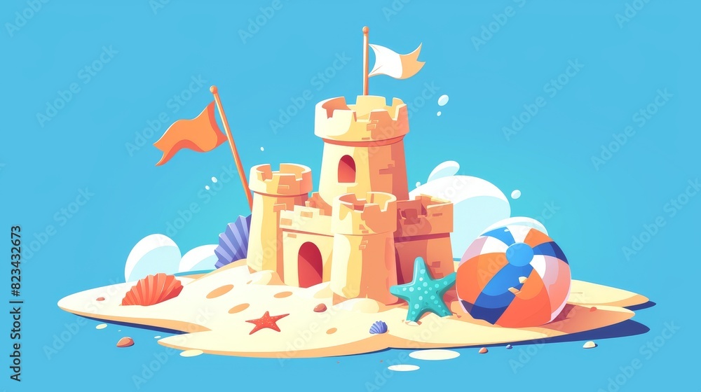 Cartoon illustration of sand castle on summer sea beach. Illustration ...