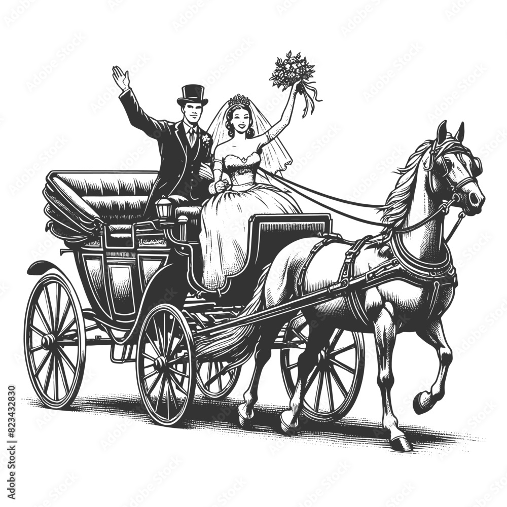 bride and groom in a traditional horse-drawn carriage, celebrating ...