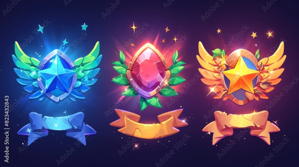 An illustration set of a stone winner banner with wings, rating stars ...