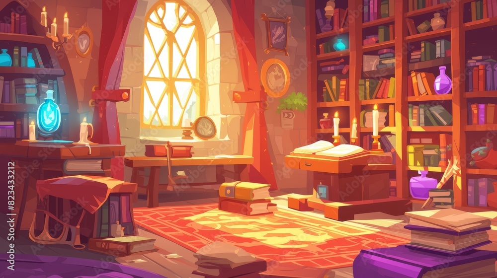 Cartoon wizard school room in medieval house. Witch study spells and ...