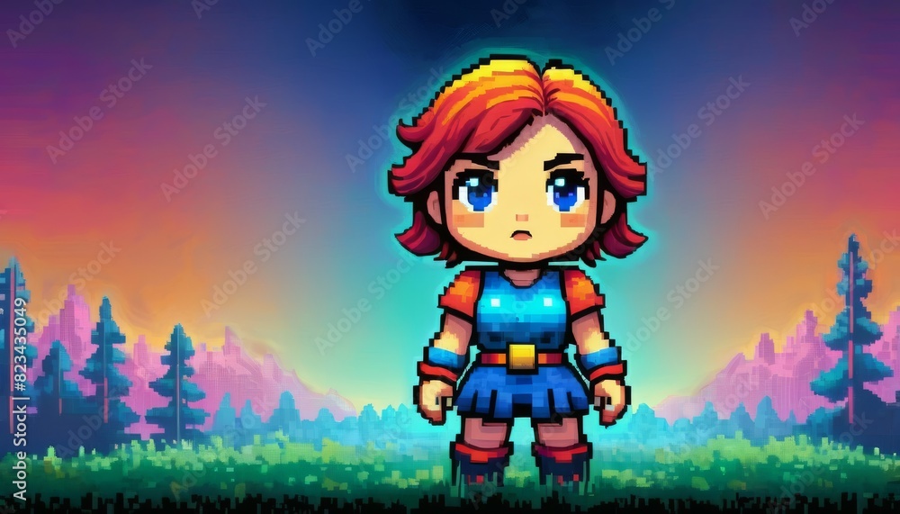 Pixel art design of a strong female character with red hair and blue ...