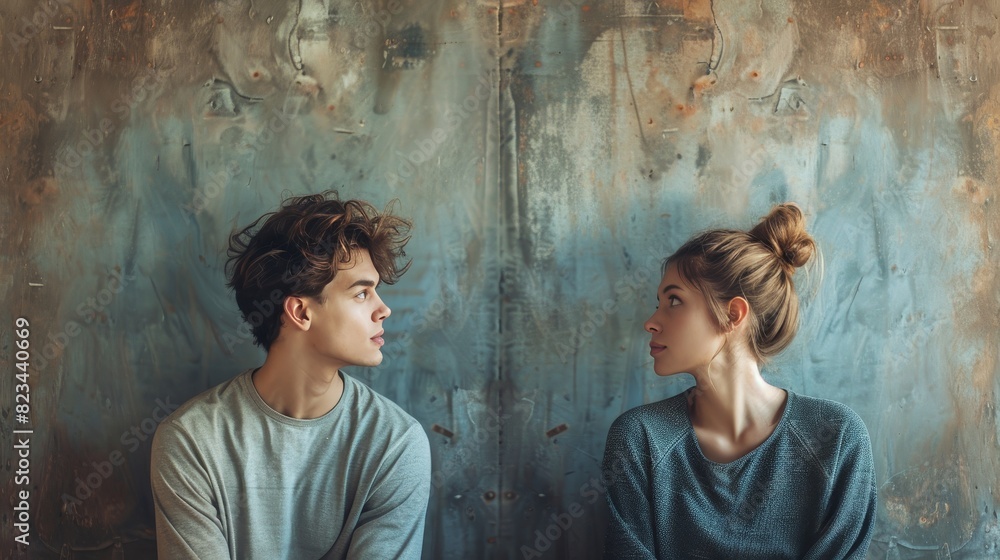 Two people sitting across from each other, one with eyes closed and a ...