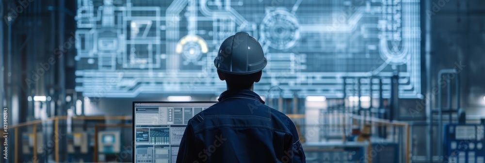 Overhead shot of an Engineer using CAD Software on a desktop computer ...