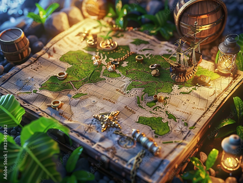 Fantastic game 3D digital map with sea, ocean, mountains, lands, trees ...