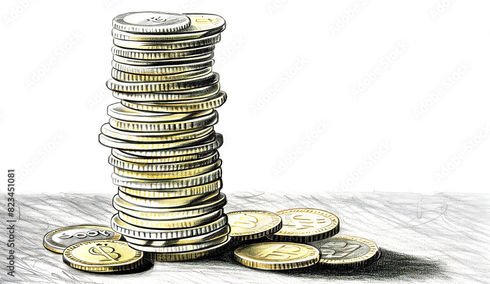Detailed illustration of a tall stack of different cryptocurrency coins ...