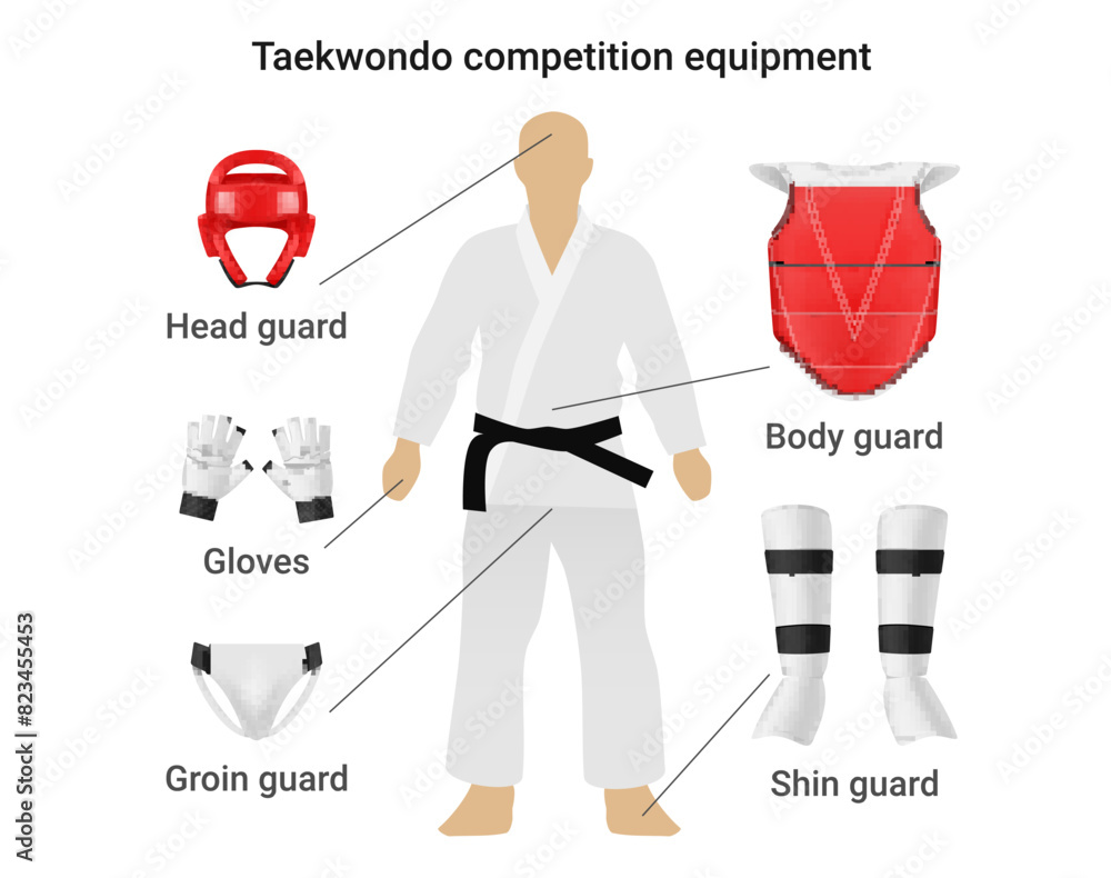 Taekwondo competition equipment infographic scheme with names realistic ...