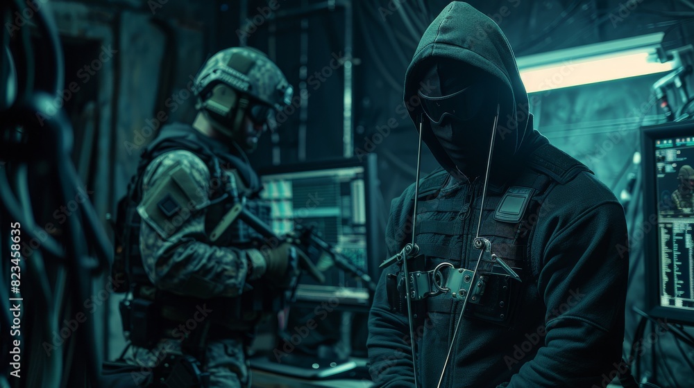 Hacker in handcuffs is guarded by fully armed Special Forces Soldiers ...