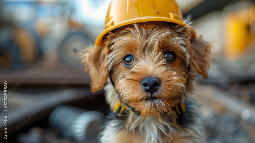 A dog with fluffy ears, dressed in work attire, featuring a hard hat ...