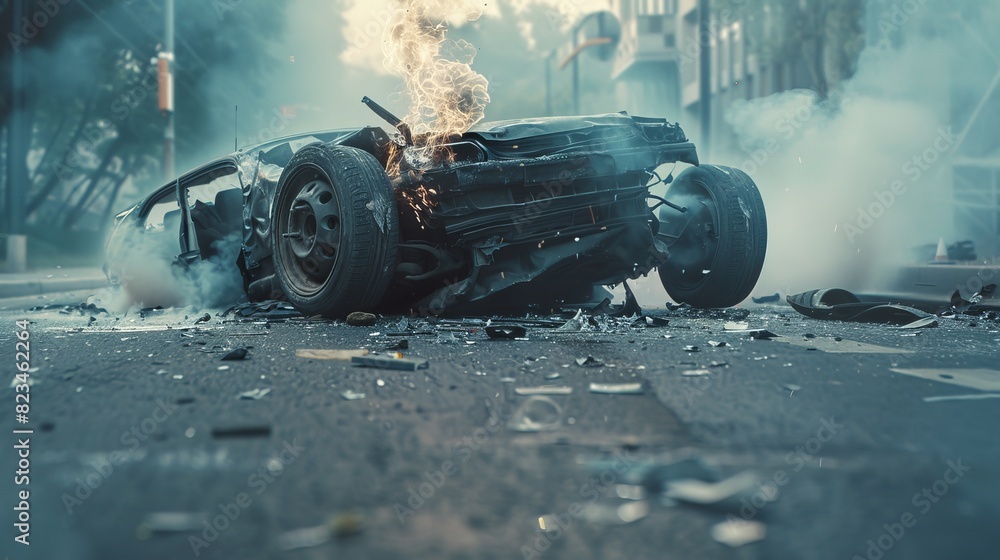 A horrifying traffic accident scene with a smoking and burning vehicle ...