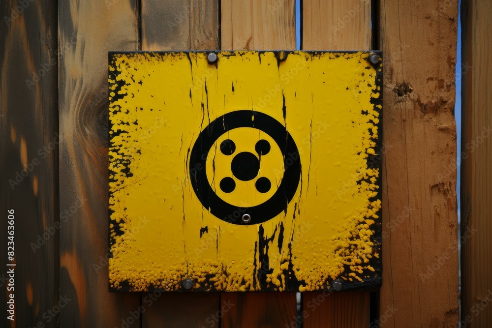 Grunge-style biohazard sign affixed to a wooden background ...