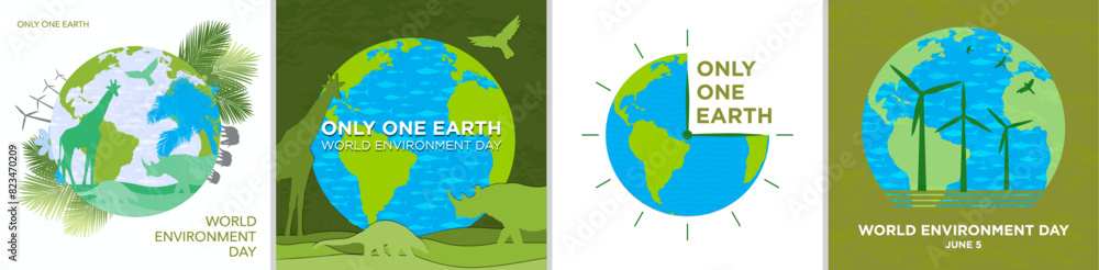 World Environment Day Concept Collection Set. June 5. Vector Illustration of earth. Paper art ...
