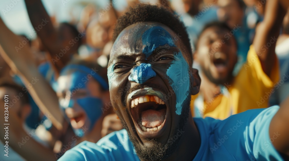 Handsome Black Man Cheering. Crowd of Fans Shouting for Blue Soccer ...