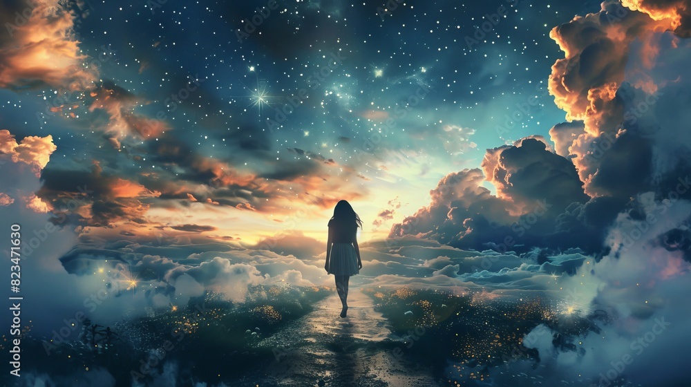 An illustration logo design of a girl walking towards a dream pathway ...