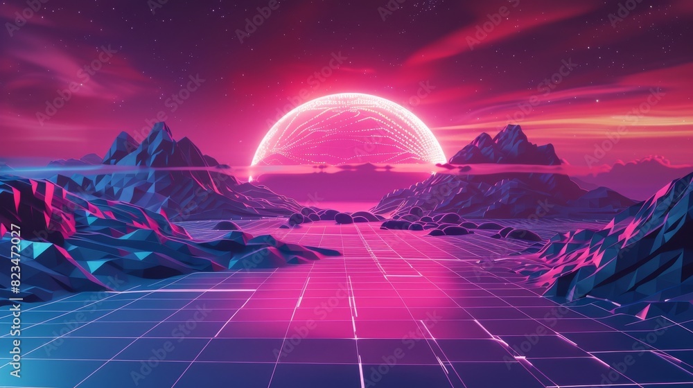 The futuristic neon retrowave background consists of a low poly grid ...