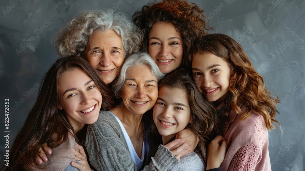 Beautiful multi-generational relative women hugging posing on gray ...