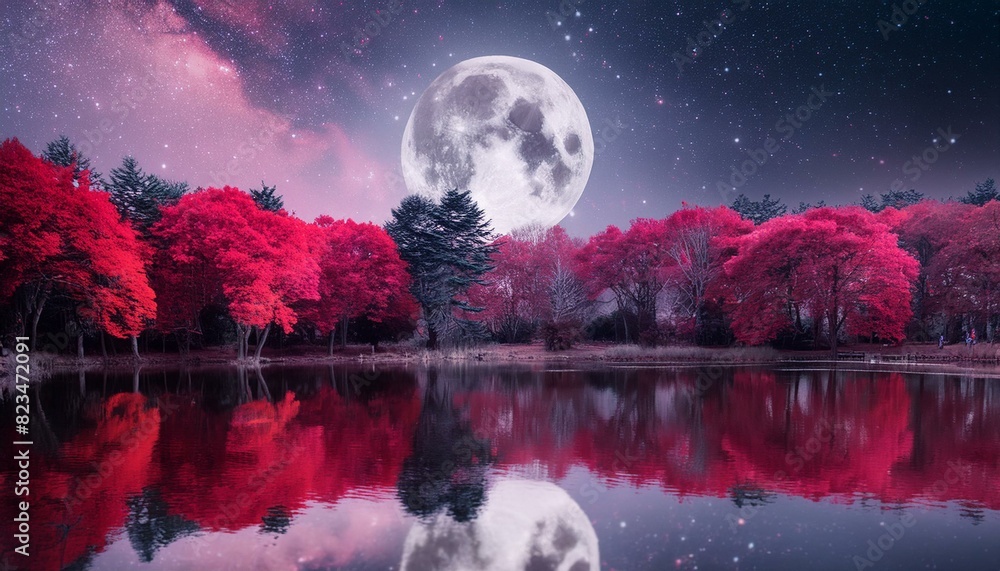 Moon trippy forest with red trees, full moon, dark purple sky, stars ...