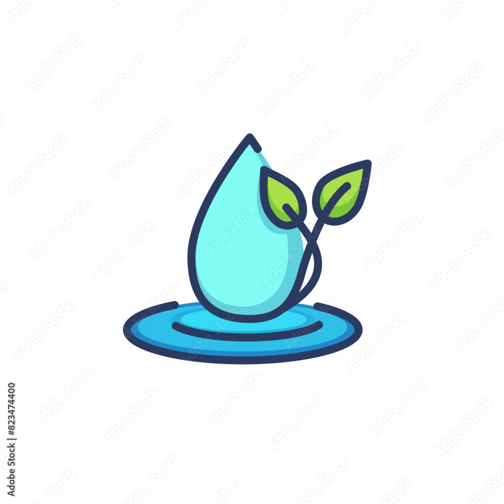 Water drop with plant line icon. Spa salon logo, liquid, plant, leaves ...