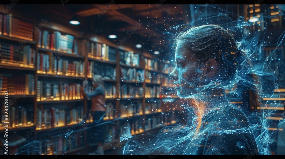 In this image, a human digital avatar is depicted in a library ...