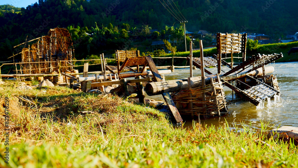 Wood water wheel Baler Machine in Agriculture Farm impeller lifted ...