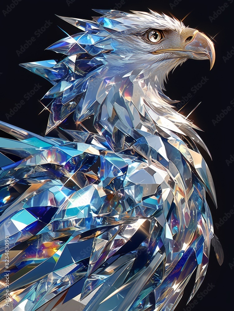 3D bald eagle made of clear diamonds, shiny translucent, simple bright ...