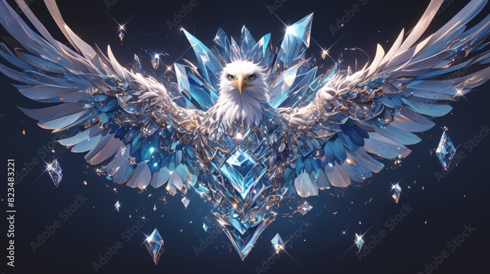 3D bald eagle made of clear diamonds, shiny translucent, simple bright ...