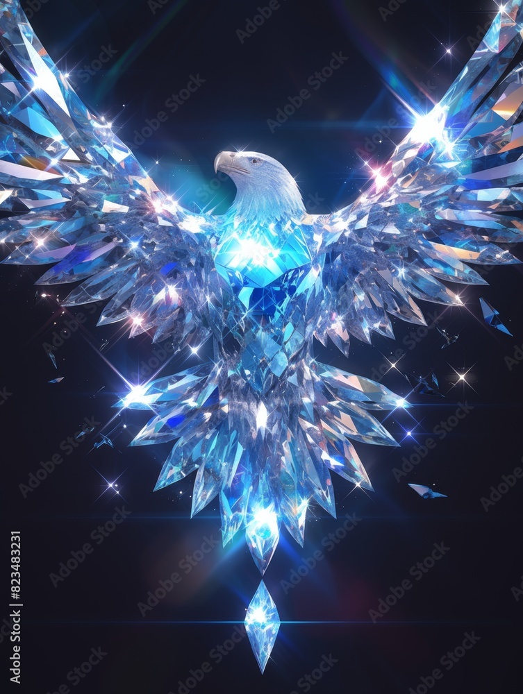3D bald eagle made of clear diamonds, shiny translucent, simple bright ...