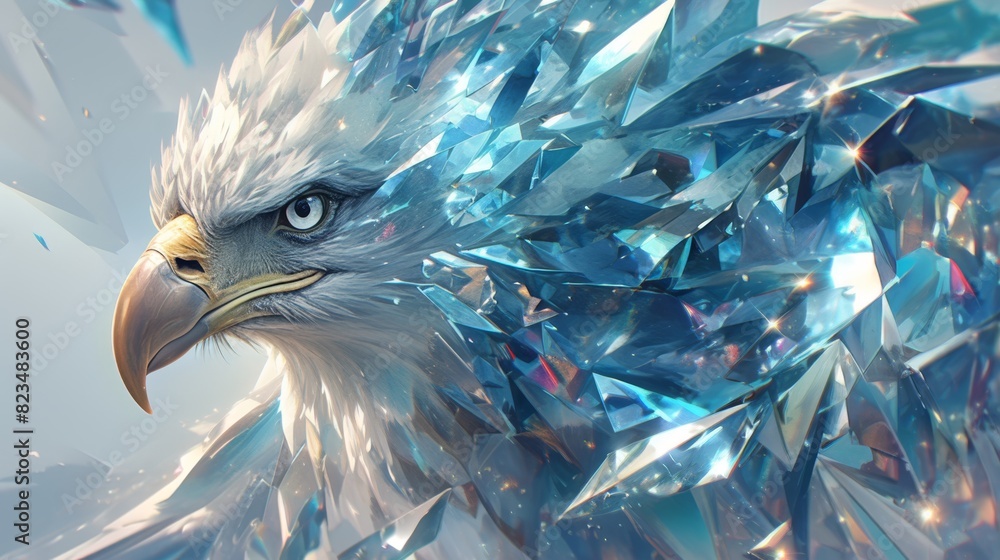 3D bald eagle made of clear diamonds, shiny translucent, simple bright ...