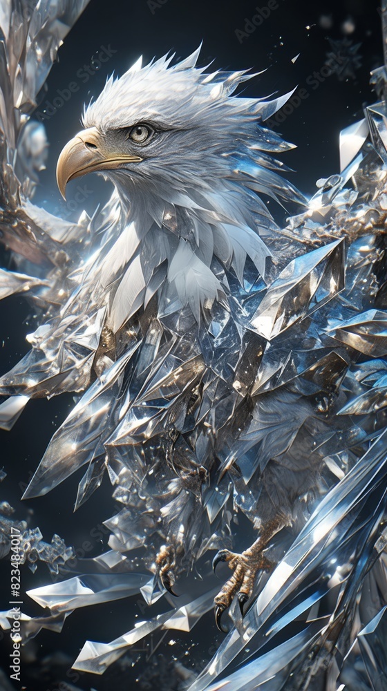 3D bald eagle made of clear diamonds, shiny translucent, simple bright ...