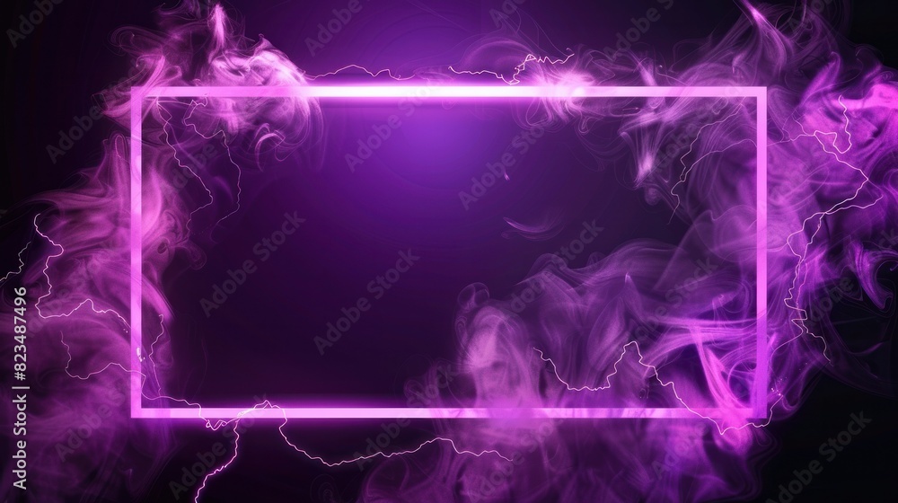 Empty frame decorated with neon purple toxic smoke and lightning ...