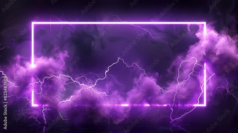 Empty frame decorated with neon purple toxic smoke and lightning ...